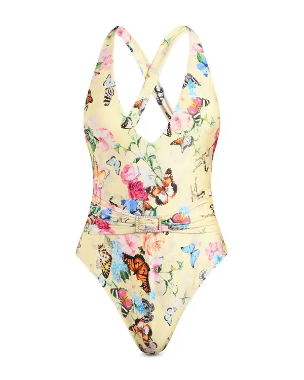 L'Agence Lisa Garden Butterflies Plunge One Piece Swimsuit - Multi
