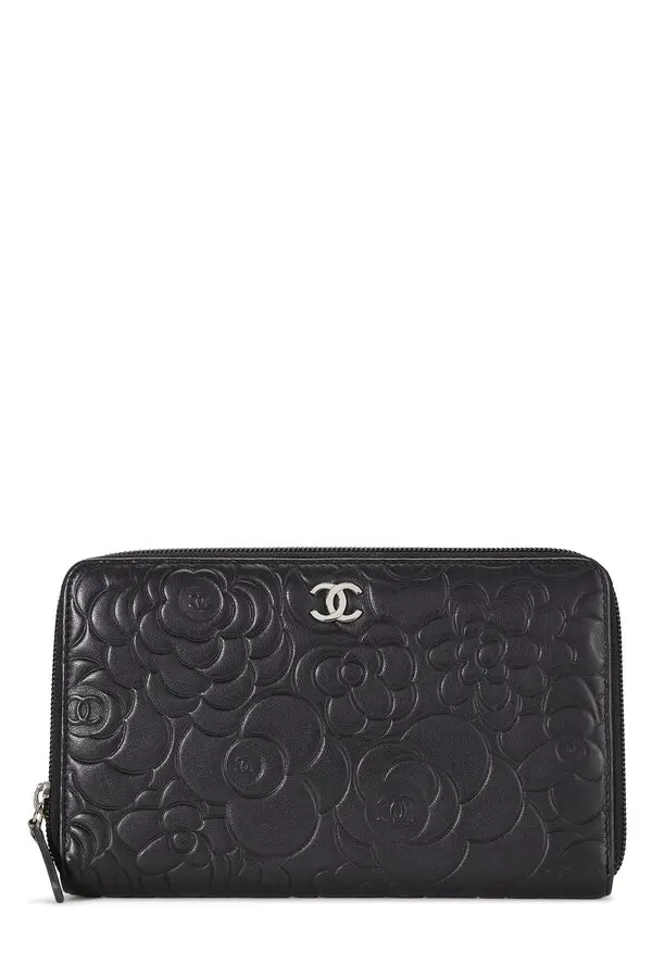 Chanel Embossed Lambskin Camellia Zip Around Wallet - Black