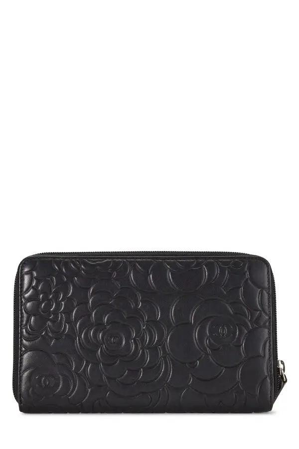 Chanel Embossed Lambskin Camellia Zip Around Wallet - Black