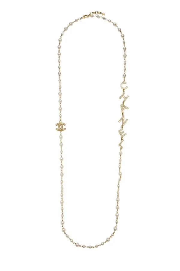 Chanel Crystal And Faux Pearl Logo Necklace - Gold