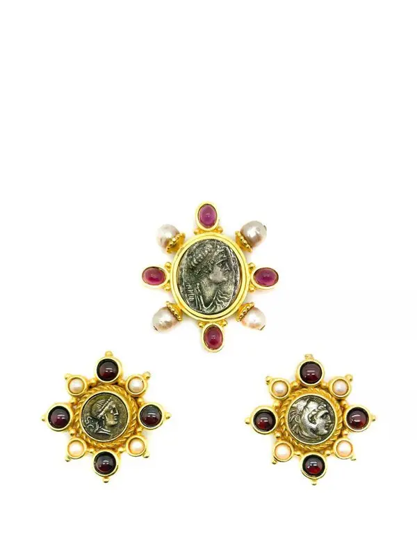 JENNIFER GIBSON JEWELLERY Byzantine Coin Brooch & Earrings Set - Gold