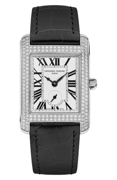 FREDERIQUE CONSTANT Classic Carrée Diamond Leather Strap Watch - Black