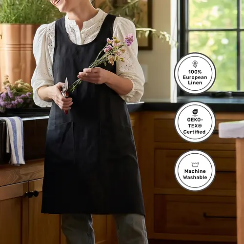 Solino Home Linen Cross-back Pinafore Apron With Pockets - Black