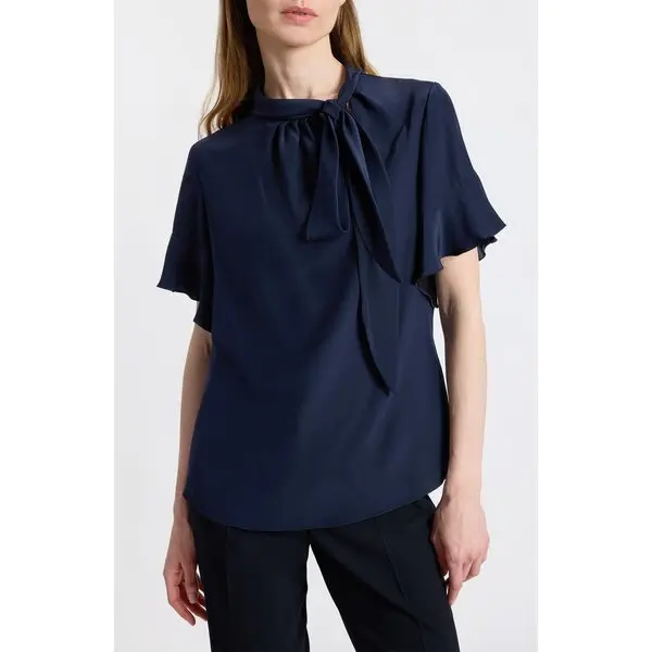 Santorelli Athena Silk Blouse With Short Flutter Sleeves