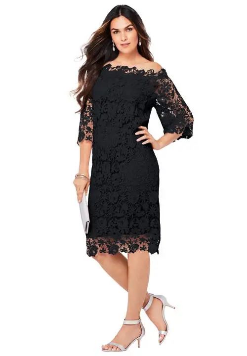 Roaman's Off The Shoulder Lace Dress With Bell Sleeves - Black