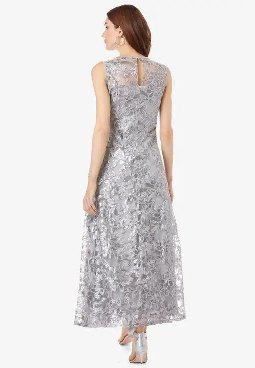 Roaman's Embellished Lace Shawl Gown - Black