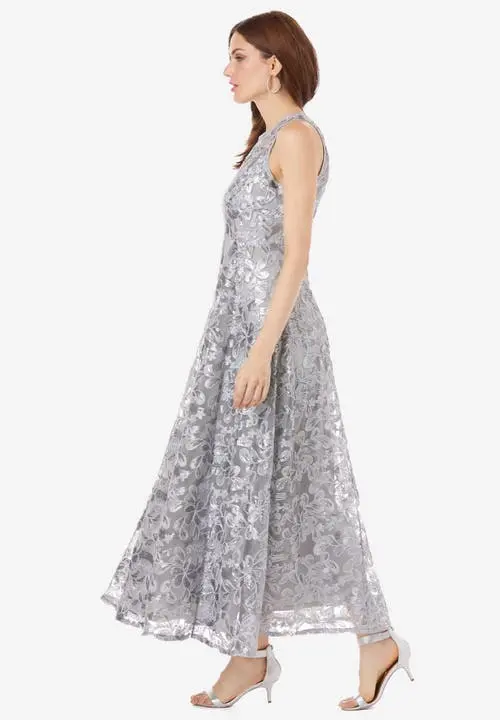 Roaman's Embellished Lace Shawl Gown - Black