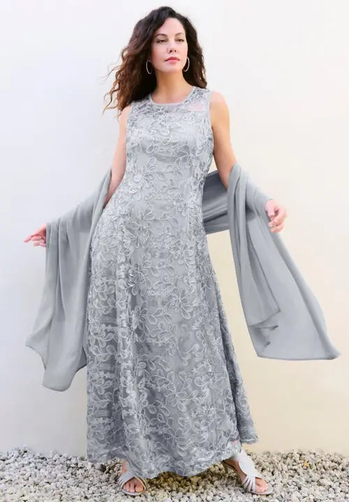Roaman's Embellished Lace Shawl Gown - Black