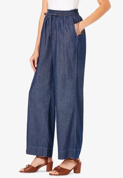 ROAMAN'S Chambray Wide Leg Pull-on Pants - Light Stonewash