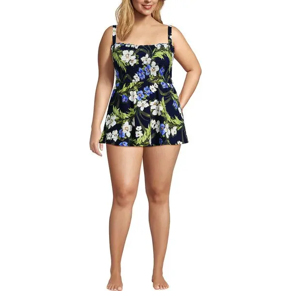 LANDS' END Square Neck Smocked Mini Swim Dress - Deep Sea/blue Floral Tropic