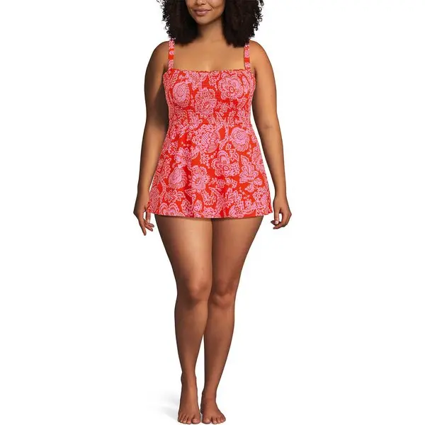 LANDS' END Square Neck Smocked Mini Swim Dress - Radiant Orange Floral Medley