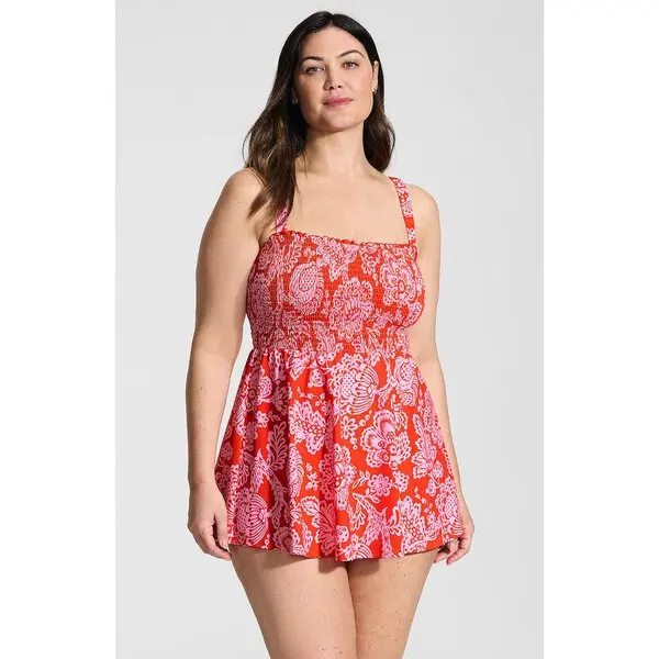 LANDS' END Square Neck Smocked Mini Swim Dress - Radiant Orange Floral Medley