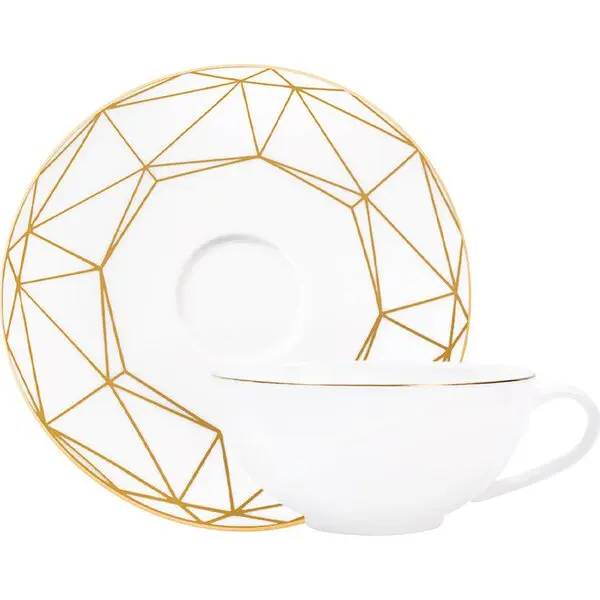 Prouna Gem Cut Gold Tea Cup & Saucer - White