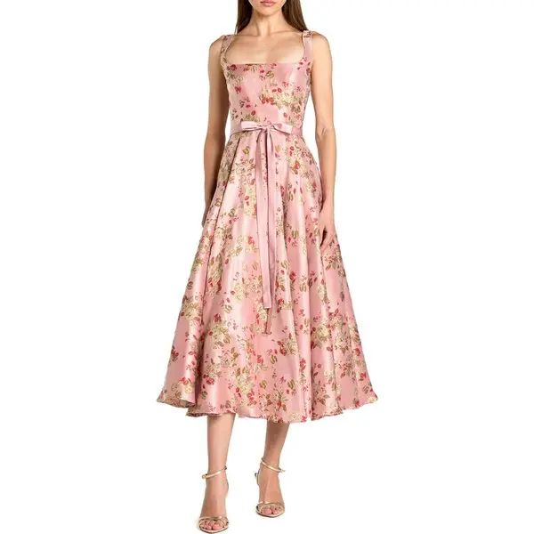 Mac Duggal Floral Brocade Square-neck Midi Dress - Pink Multi