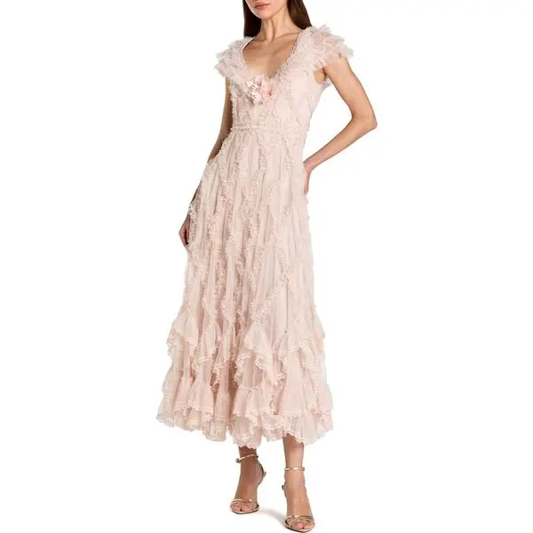 Mac Duggal Micro Ruffle Cap Sleeve A-line Midi Dress - Blush