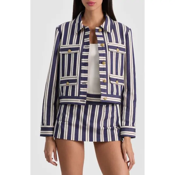 Alice + Olivia Alex Stripe Boxy Jacket - Metro Stripe Twilight Blue