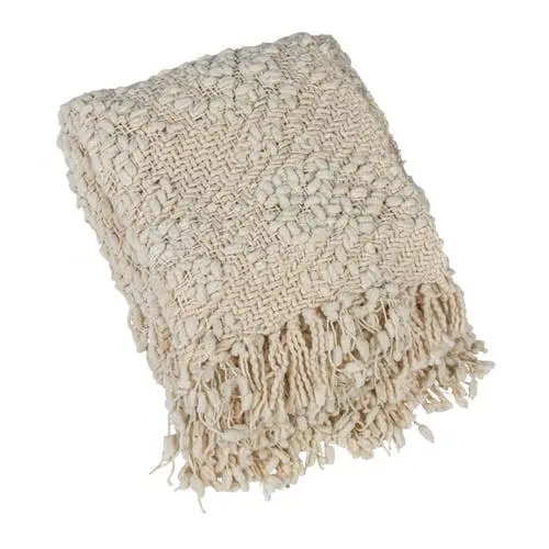 STORIED HOME Soft Woven Cotton Blend Cable Knit Throw Blanket With Fringe - Natural