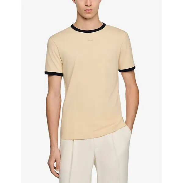 Sandro Branded Contrast-trim Cotton-jersey T-shirt - Sand