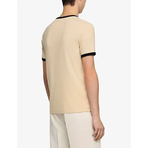 Sandro Branded Contrast-trim Cotton-jersey T-shirt - Sand