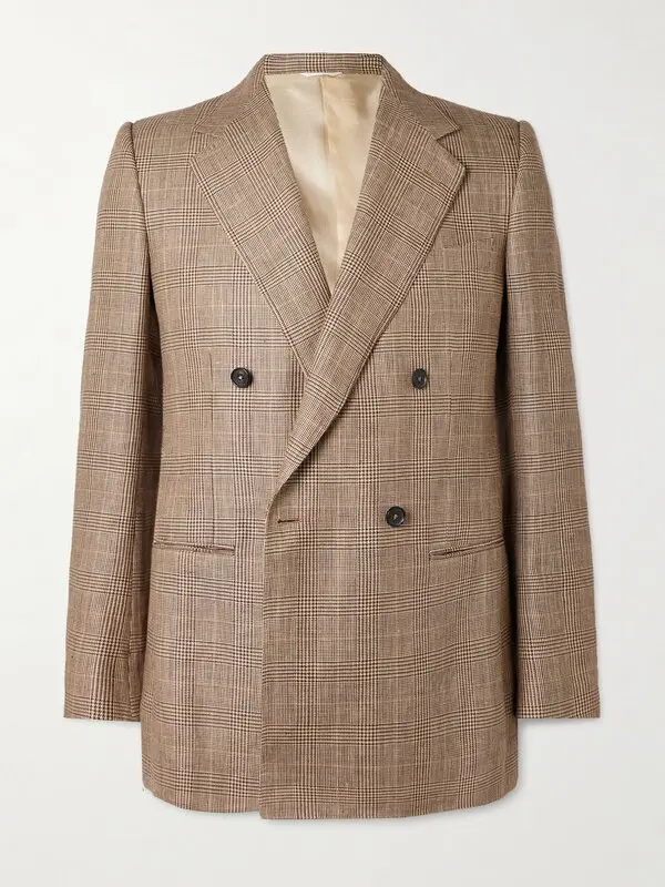 Husbands Double-breasted Prince Of Wales Checked Worsted Wool And Linen-blend Blazer - Brown