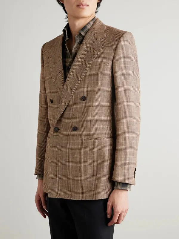 Husbands Double-breasted Prince Of Wales Checked Worsted Wool And Linen-blend Blazer