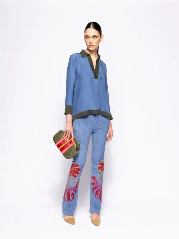 PAULA Capella Embroidered Suede Trousers - Blue