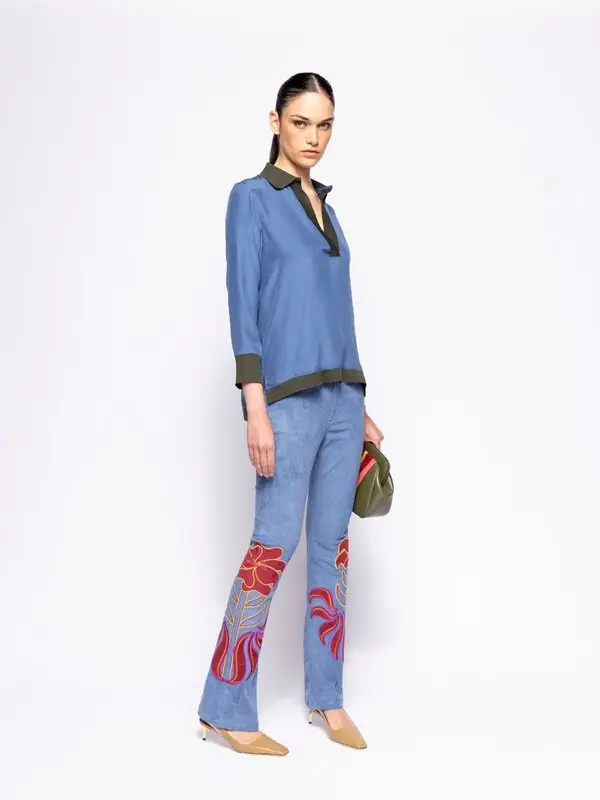 PAULA Capella Embroidered Suede Trousers - Blue