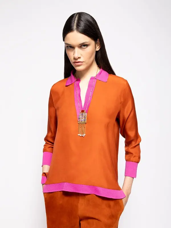 PAULA Diane Cinnamon Stick Silk V-neck Long-sleeve Top - Orange