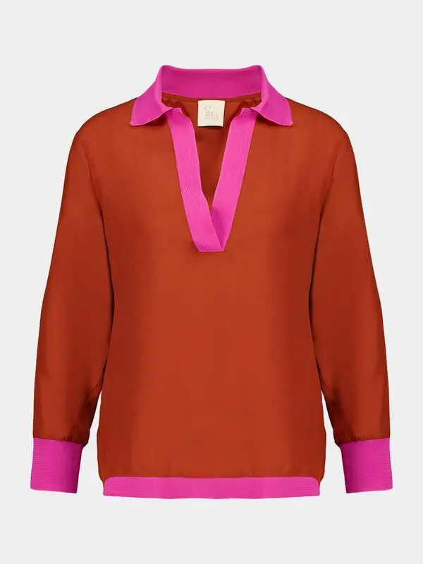 PAULA Diane Cinnamon Stick Silk V-neck Long-sleeve Top - Orange