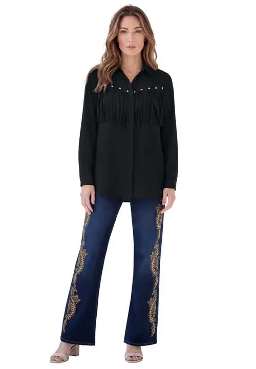 Roaman's Embellished Fringe Shirt - Black