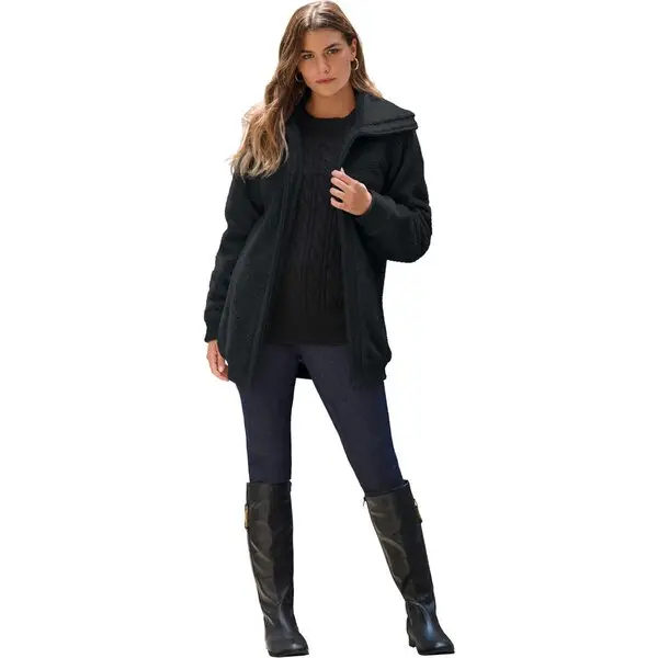 Roaman's High Collar Fleece Bomber Jacket - Black