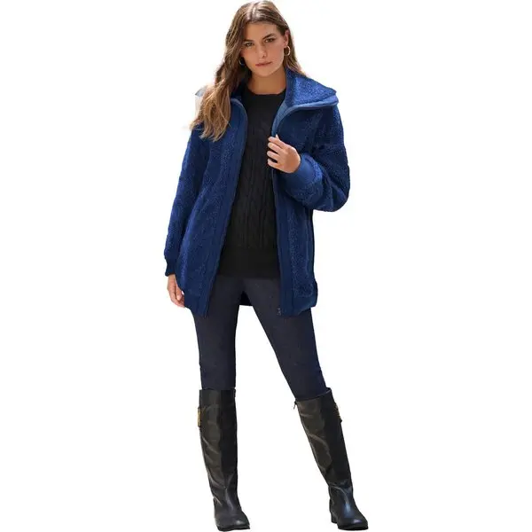 Roaman's High Collar Fleece Bomber Jacket - Evening Blue