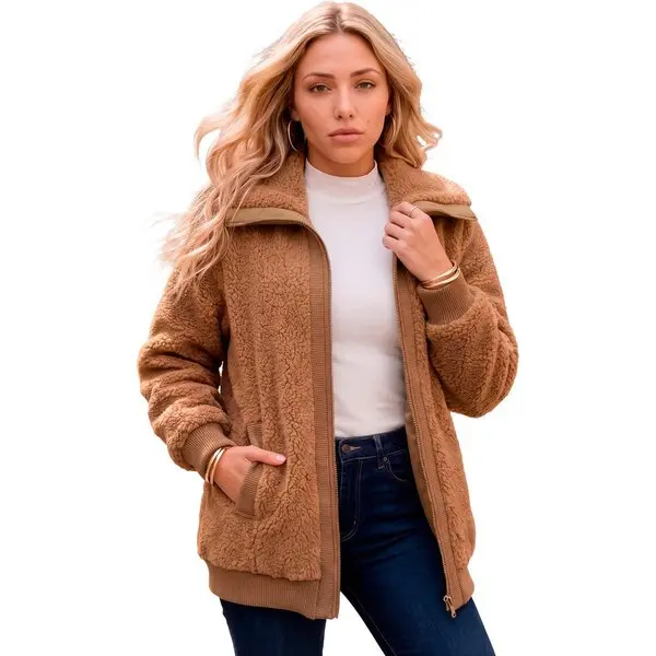 Roaman's High Collar Teddy Fleece Bomber - Soft Camel