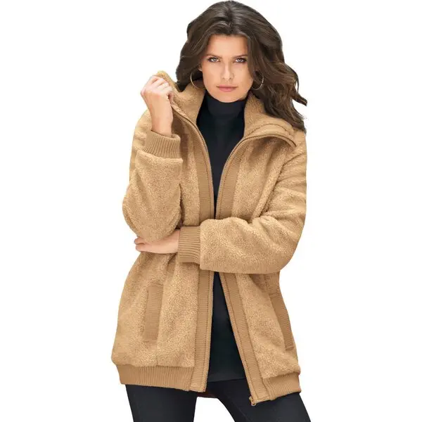 Roaman's High Collar Fleece Bomber Jacket - Soft Camel