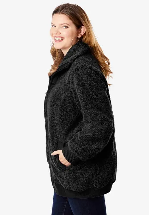 Roaman's High Collar Fleece Bomber Jacket - Soft Camel