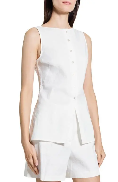 Theory Boatneck Sleeveless Linen Blend Button-up Shirt - White