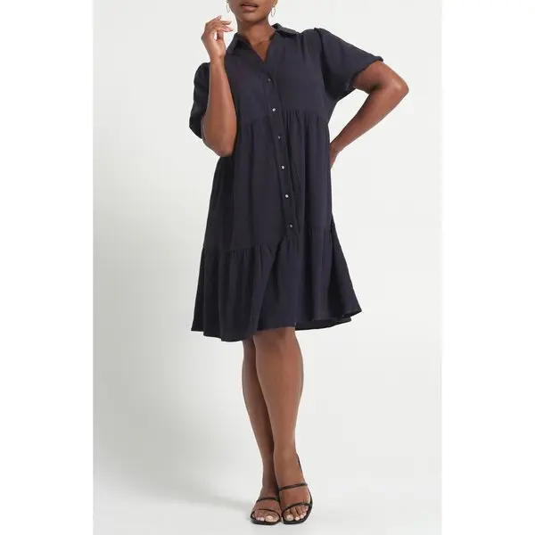 ESTELLE Short Sleeve Tiered Shift Dress - Navy