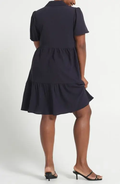ESTELLE Short Sleeve Tiered Shift Dress - Navy