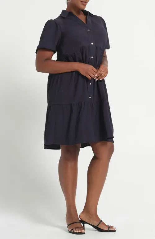 ESTELLE Short Sleeve Tiered Shift Dress - Navy