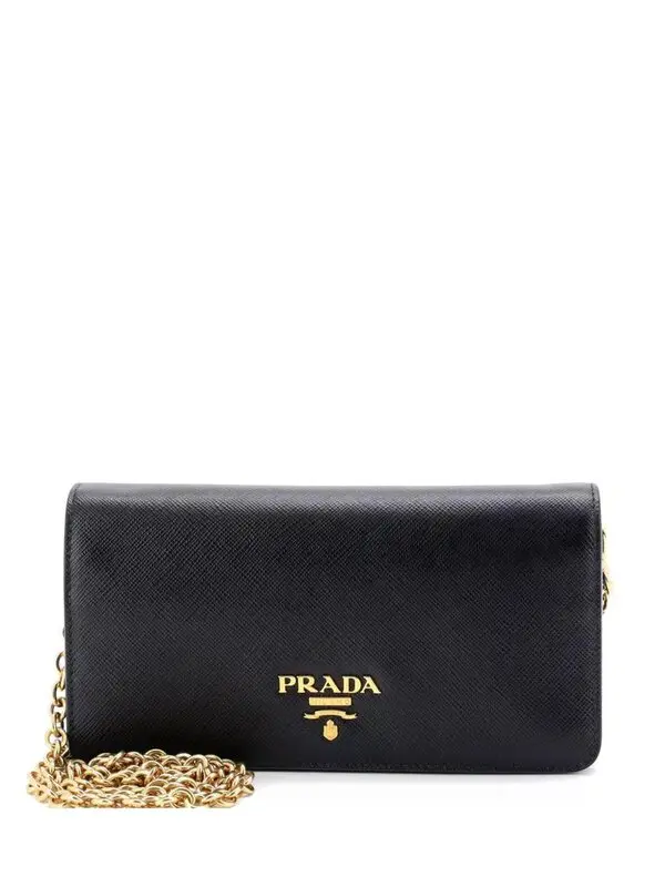 Prada Wristlet Wallet On Chain Saffiano Leather Mini Clutch - Black