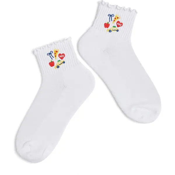 ALICE & WONDER Embroidered Ankle Socks - White/colorful Icons
