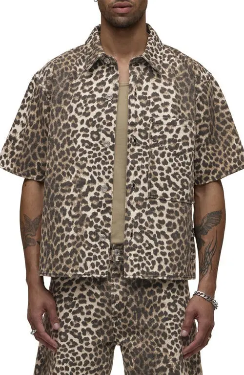 Hudson Jeans Rex Oversize Short Sleeve Cotton Poplin Button-up Shirt - Cheetah