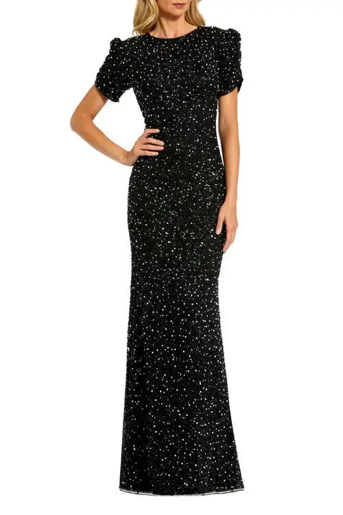 Mac Duggal Petite Gathered Short Sleeve Beaded Gown - Black