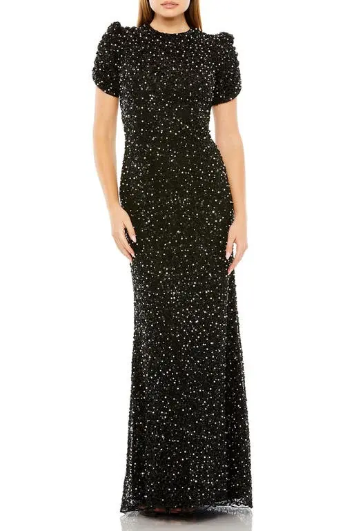 Mac Duggal Petite Gathered Short Sleeve Beaded Gown - Black