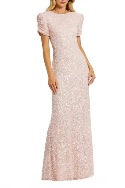 Mac Duggal Embellished Mesh High Neck Puff Sleeve Gown