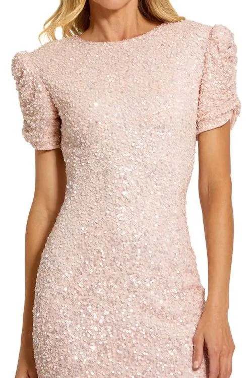 Mac Duggal Embellished Mesh High Neck Puff Sleeve Gown