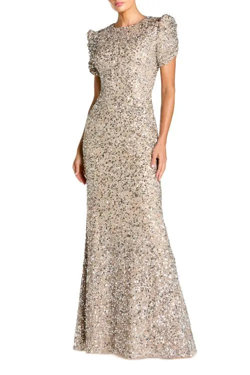 Mac Duggal Petite Gathered Short Sleeve Beaded Gown - Nude Silver