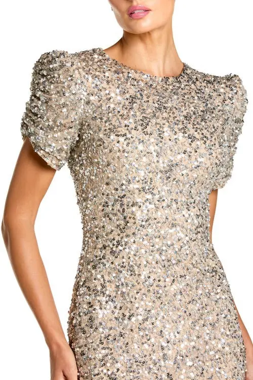Mac Duggal Petite Gathered Short Sleeve Beaded Gown - Nude Silver