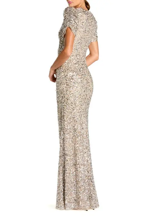 Mac Duggal Petite Gathered Short Sleeve Beaded Gown - Nude Silver