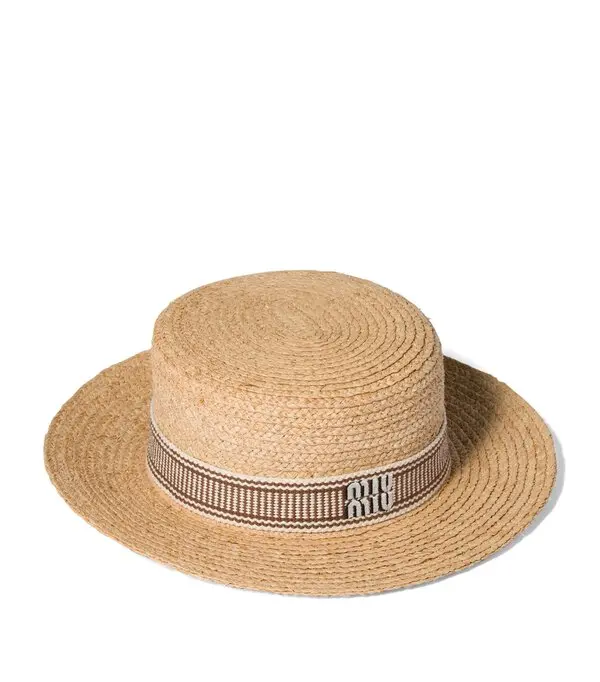 Miu Miu Raffia Hat With Logo - Neutral